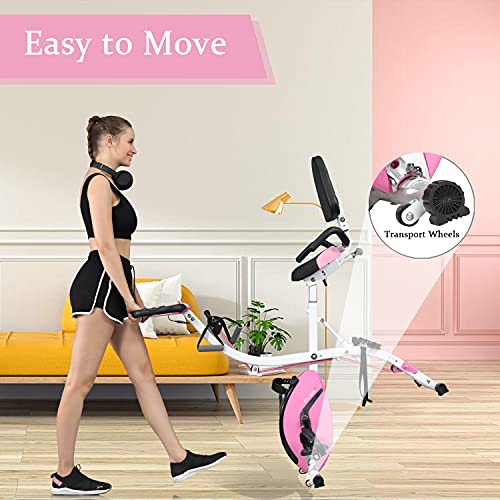 PLENY Folding Exercise Stationary Bike Workout, 3-In-1 Folding Indoor Cycling Exercise Bike, Magnetic Upright Workout Bike with Arm Exercise Resistance Bands and Ankle Strap for Home Gym