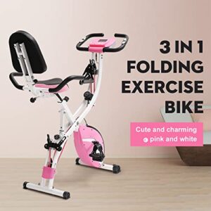 PLENY Folding Exercise Stationary Bike Workout, 3-In-1 Folding Indoor Cycling Exercise Bike, Magnetic Upright Workout Bike with Arm Exercise Resistance Bands and Ankle Strap for Home Gym