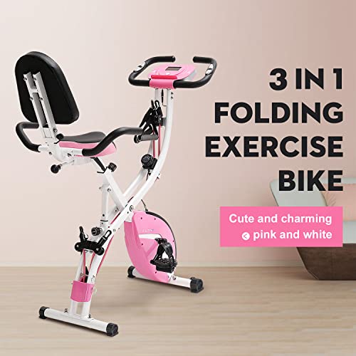 PLENY Folding Exercise Stationary Bike Workout, 3-In-1 Folding Indoor Cycling Exercise Bike, Magnetic Upright Workout Bike with Arm Exercise Resistance Bands and Ankle Strap for Home Gym