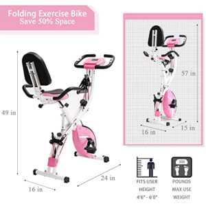 PLENY Folding Exercise Stationary Bike Workout, 3-In-1 Folding Indoor Cycling Exercise Bike, Magnetic Upright Workout Bike with Arm Exercise Resistance Bands and Ankle Strap for Home Gym