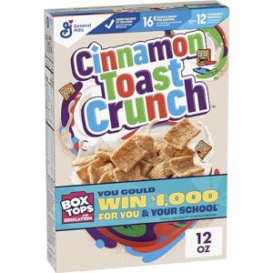 original cinnamon toast crunch breakfast cereal, crispy cinnamon cereal, 12 oz cereal box