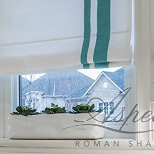 LOGANOVA Flat Roman Shade Chevalle Seafoam. White background with double blue green border and chain mechanism. Custom made.