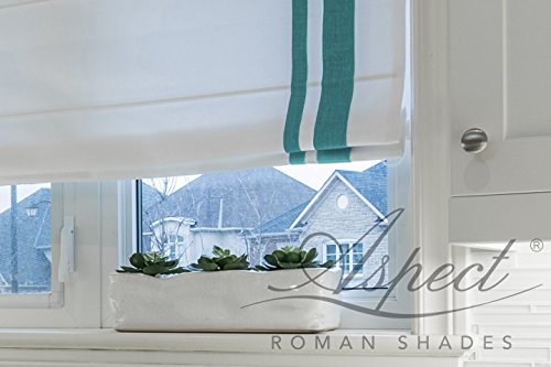 LOGANOVA Flat Roman Shade Chevalle Seafoam. White background with double blue green border and chain mechanism. Custom made.