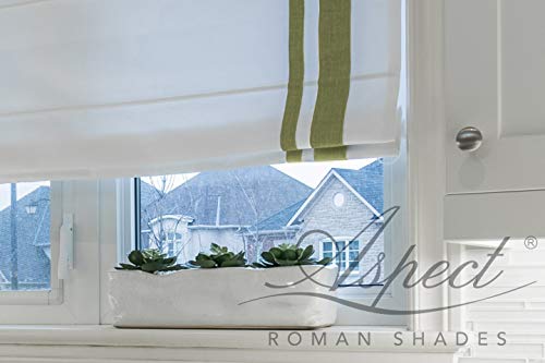 LOGANOVA Flat Roman Shade Chevalle Pine. White base with light green double border and chain mechanism. Custom made.