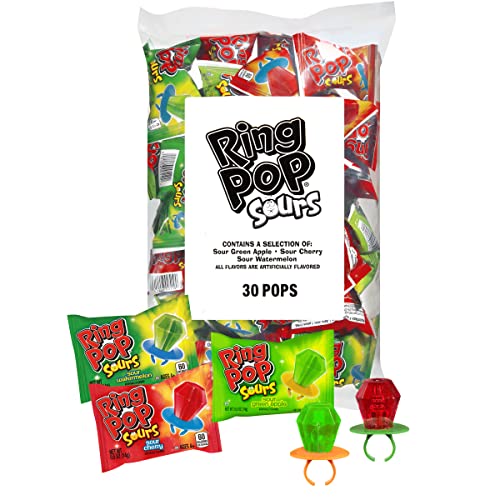 Ring Pop Sours Individually Wrapped Halloween Bulk Lollipop Variety Party Pack – 30 Count Lollipop Suckers W/ Assorted Flavors - Fun Candy For Halloween Candy Bowls, Parties & Trick Or Treating Bags