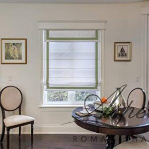 LOGANOVA Flat Roman Shade Chevalle Pine. Three sides light green border on white background. Includes valance and chain mechanism. Custom made.