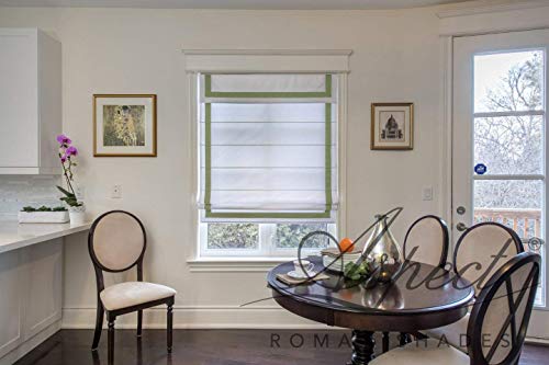 LOGANOVA Flat Roman Shade Chevalle Pine. Three sides light green border on white background. Includes valance and chain mechanism. Custom made.