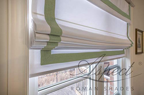 LOGANOVA Flat Roman Shade Chevalle Pine. Three sides light green border on white background. Includes valance and chain mechanism. Custom made.