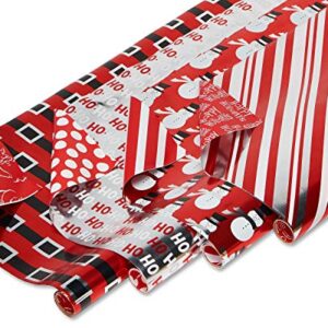 American Greetings 80 sq. ft. Reversible Christmas Foil Wrapping Paper Bundle, Red, Black and Silver, Candy Cane Stripe, Snowmen and Santa Belt (4 Rolls 30 in. x 8 ft.)