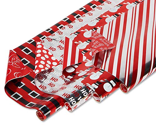 American Greetings 80 sq. ft. Reversible Christmas Foil Wrapping Paper Bundle, Red, Black and Silver, Candy Cane Stripe, Snowmen and Santa Belt (4 Rolls 30 in. x 8 ft.)