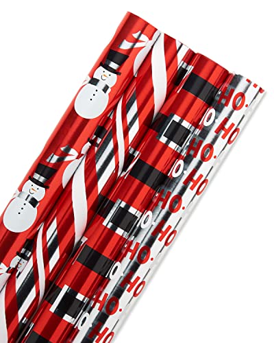 American Greetings 80 sq. ft. Reversible Christmas Foil Wrapping Paper Bundle, Red, Black and Silver, Candy Cane Stripe, Snowmen and Santa Belt (4 Rolls 30 in. x 8 ft.)