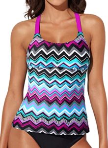 aleumdr womens ladies striped zigzag print color block open back bandeau blouson push up tankini swim bikini top no bottom swimsuit bathing suit swimwear purple plus size 3xl 22 24