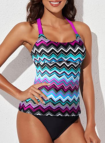 Aleumdr Womens Ladies Striped Zigzag Print Color Block Open Back Bandeau Blouson Push up Tankini Swim Bikini Top No Bottom Swimsuit Bathing Suit Swimwear Purple Plus Size XL 14 16