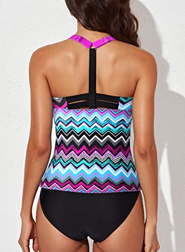 Aleumdr Womens Ladies Striped Zigzag Print Color Block Open Back Bandeau Blouson Push up Tankini Swim Bikini Top No Bottom Swimsuit Bathing Suit Swimwear Purple Plus Size XL 14 16