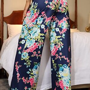 X-Image Women's Floral Printed High Waist Drawstring Wide Leg Palazzo Lounge Pants S-XXL Blue 4, X-Large