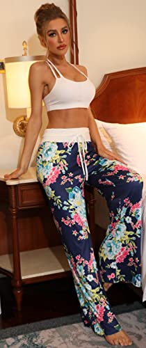 X-Image Women's Floral Printed High Waist Drawstring Wide Leg Palazzo Lounge Pants S-XXL Blue 4, X-Large