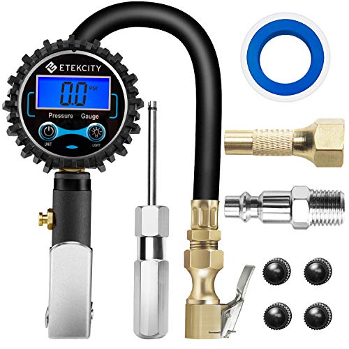 Etekcity Digital Tire Inflator with Pressure Gauge Air Chuck and Compressor Accessories Heavy Duty Brass with Rubber Hose Quick Connect Couple Leakproof 250 PSI 0.1