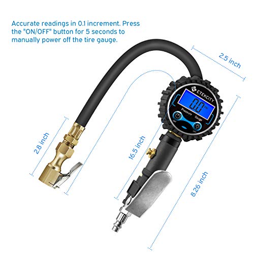 Etekcity Digital Tire Inflator with Pressure Gauge Air Chuck and Compressor Accessories Heavy Duty Brass with Rubber Hose Quick Connect Couple Leakproof 250 PSI 0.1