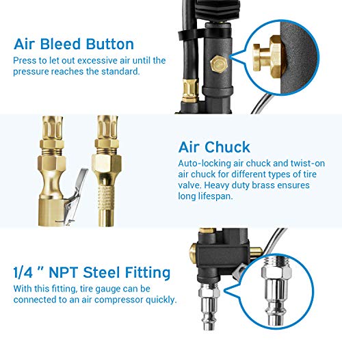 Etekcity Digital Tire Inflator with Pressure Gauge Air Chuck and Compressor Accessories Heavy Duty Brass with Rubber Hose Quick Connect Couple Leakproof 250 PSI 0.1