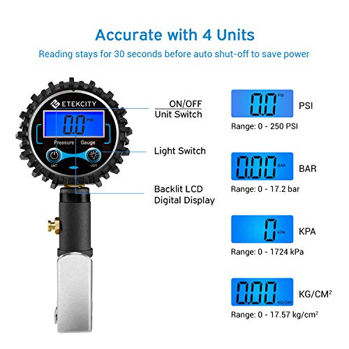 Etekcity Digital Tire Inflator with Pressure Gauge Air Chuck and Compressor Accessories Heavy Duty Brass with Rubber Hose Quick Connect Couple Leakproof 250 PSI 0.1