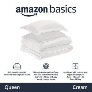 Amazon Basics Ultra-Soft Micromink Sherpa Comforter 3-Piece Bedding Set, Full/Queen, Cream, Solid