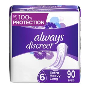 always discreet adult extra heavy long incontinence pads, up to 100% leak-free protection, 45 count x 2 packs (90 count total)