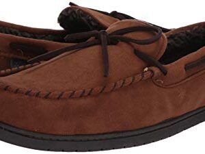 Dearfoams Men's Microsuede Moccasin with Tie Slipper, Chestnut, Medium