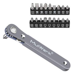 mulwark 20pc 1/4 ultra low profile mini ratchet wrench close quarters screwdriver set with high torque - right angle edc tool with 90 degree mini offset reversible drive handle & multi hex bits set