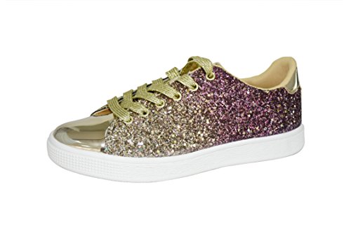 LUCKY STEP Glitter Sneakers Lace up | Fashion Sneakers | Sparkly Shoes for Women (10 B(M) US, Gold)