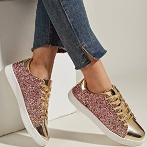 LUCKY STEP Glitter Sneakers Lace up | Fashion Sneakers | Sparkly Shoes for Women (10 B(M) US, Gold)