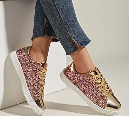 LUCKY STEP Glitter Sneakers Lace up | Fashion Sneakers | Sparkly Shoes for Women (10 B(M) US, Gold)