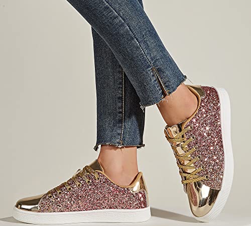 LUCKY STEP Glitter Sneakers Lace up | Fashion Sneakers | Sparkly Shoes for Women (10 B(M) US, Gold)