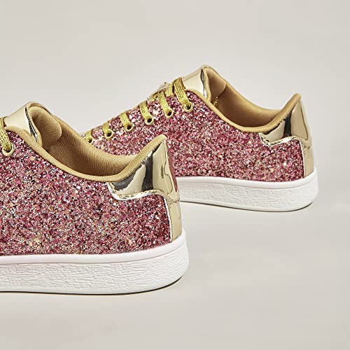 LUCKY STEP Glitter Sneakers Lace up | Fashion Sneakers | Sparkly Shoes for Women (10 B(M) US, Gold)