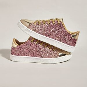 LUCKY STEP Glitter Sneakers Lace up | Fashion Sneakers | Sparkly Shoes for Women (10 B(M) US, Gold)