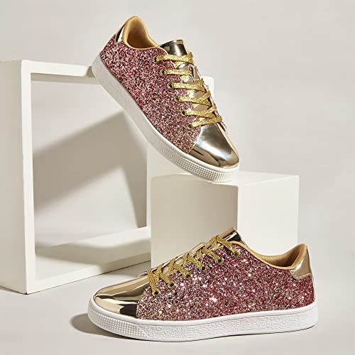 LUCKY STEP Glitter Sneakers Lace up | Fashion Sneakers | Sparkly Shoes for Women (10 B(M) US, Gold)