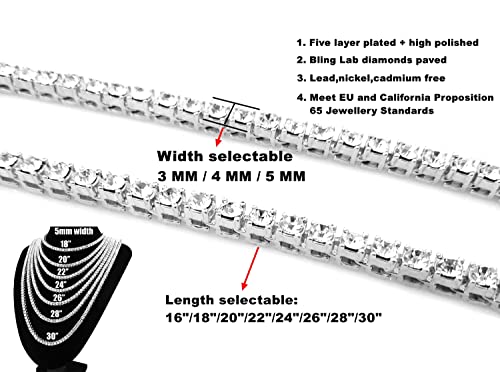 HH BLING EMPIRE Silver Gold Iced Out Diamond Tennis chain for Men, Rhinestone Diamond Tennis Necklaces for Women, 5mm Fake Diamond Necklace Chains (5mm-Silver-16)