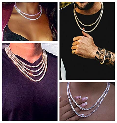 HH BLING EMPIRE Silver Gold Iced Out Diamond Tennis chain for Men, Rhinestone Diamond Tennis Necklaces for Women, 5mm Fake Diamond Necklace Chains (5mm-Silver-16)