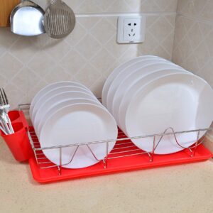 Kitchen Details 3 Piece Countertop Chrome Dish Drying Rack with Cutlery Basket and Drainboard Tray, Red