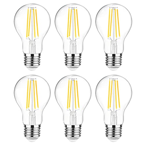 Ascher 60 Watt Equivalent, E26 LED Filament Light Bulbs, Daylight White 4000K, Non-Dimmable, Classic Clear Glass, A19 Light Bulb with 80+ CRI, 6-Pack