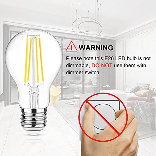 Ascher 60 Watt Equivalent, E26 LED Filament Light Bulbs, Daylight White 4000K, Non-Dimmable, Classic Clear Glass, A19 Light Bulb with 80+ CRI, 6-Pack