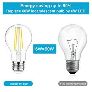 Ascher 60 Watt Equivalent, E26 LED Filament Light Bulbs, Daylight White 4000K, Non-Dimmable, Classic Clear Glass, A19 Light Bulb with 80+ CRI, 6-Pack