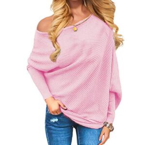 VOIANLIMO Women's Off Shoulder Knit Jumper Long Sleeve Pullover Baggy Solid Sweater (Large, Pink)