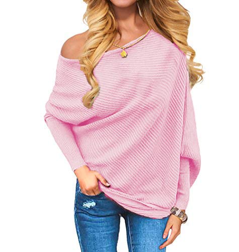 VOIANLIMO Women's Off Shoulder Knit Jumper Long Sleeve Pullover Baggy Solid Sweater (Large, Pink)