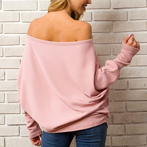 VOIANLIMO Women's Off Shoulder Knit Jumper Long Sleeve Pullover Baggy Solid Sweater (Large, Pink)