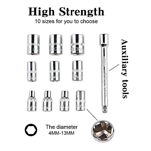 Egofine 12pcs 1/4 Inch Ratchet Socket Wrench Set, Drive Socket Set with 10 Sockets 4-13mm and 2 Way Quick Released Ratchet Handle and Extension Bar