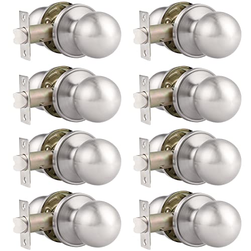 Probrico 8 Pack Interior Round Passage Keyless Door Knobs Door Lock Lockset Without Key Doorknobs Satin Nickel for Hall/Closet-Door Knob 607