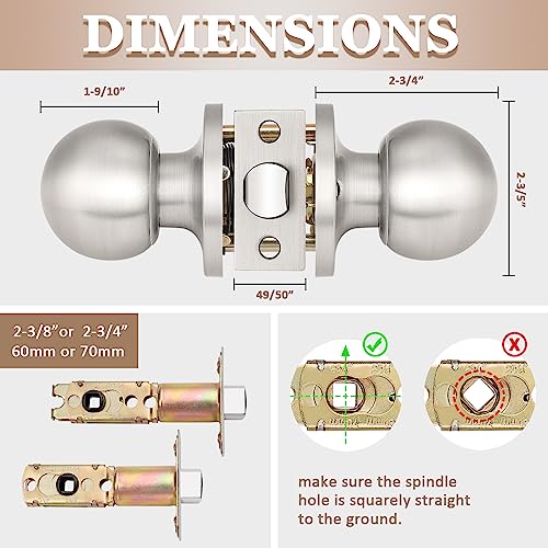 Probrico 8 Pack Interior Round Passage Keyless Door Knobs Door Lock Lockset Without Key Doorknobs Satin Nickel for Hall/Closet-Door Knob 607