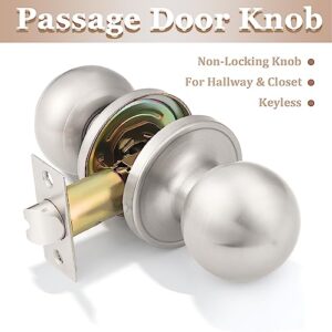 Probrico 8 Pack Interior Round Passage Keyless Door Knobs Door Lock Lockset Without Key Doorknobs Satin Nickel for Hall/Closet-Door Knob 607