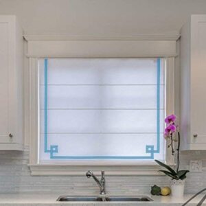 loganova custom flat roman shade with white background and baby blue greek key border. premium lining and chain mechanism.