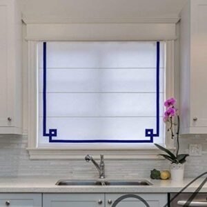 loganova custom flat roman shade with white background and navy blue greek key border. premium lining and chain mechanism.